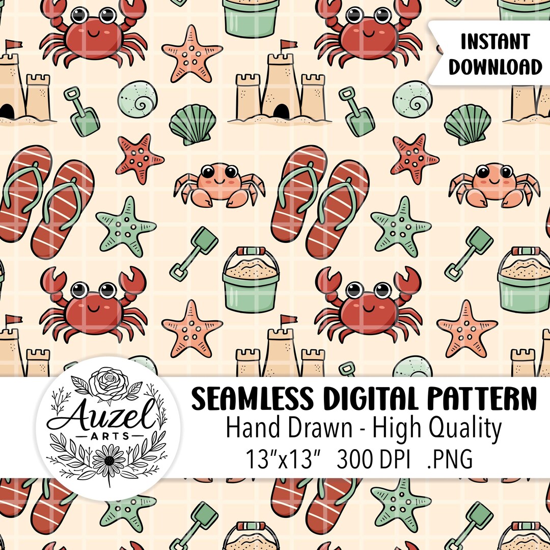 Beach Crab Seamless Pattern, Hand Drawn PNG Digital Download for Paper ...