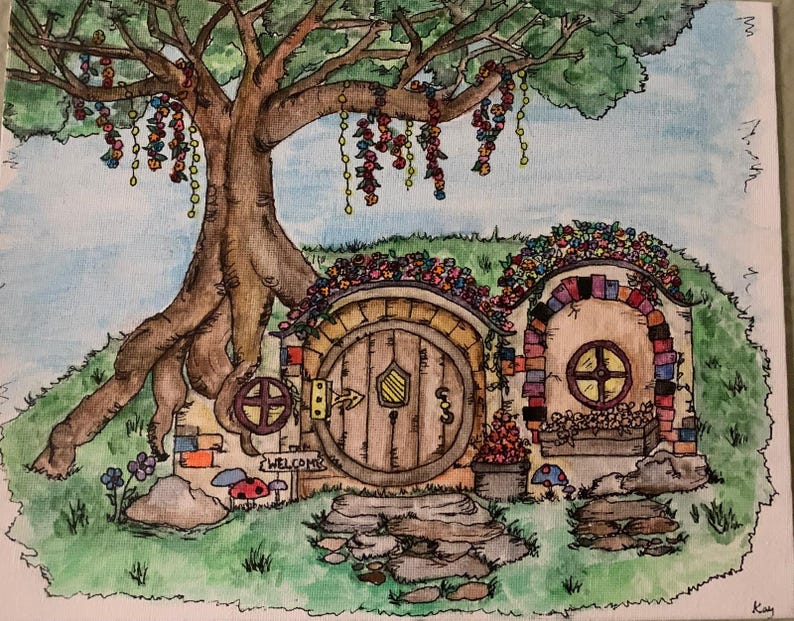 Whimsical Hobbit House Watercolor Painting – Fantasy Cottagecore Wall ...