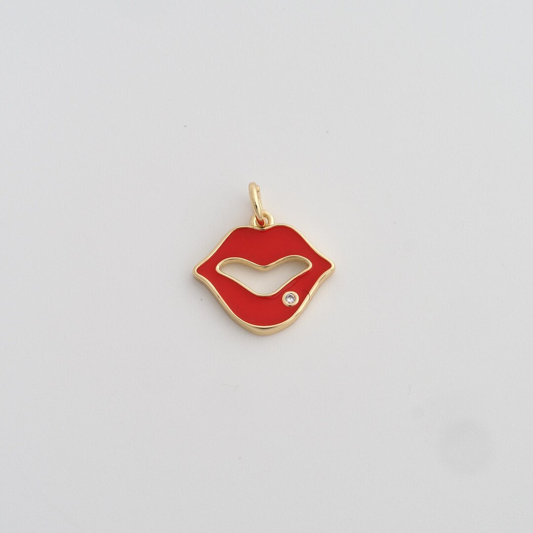 Gold Enamel Lips Pendant,18k Gold Filled CZ Lips Charms for DIY Jewelry ...