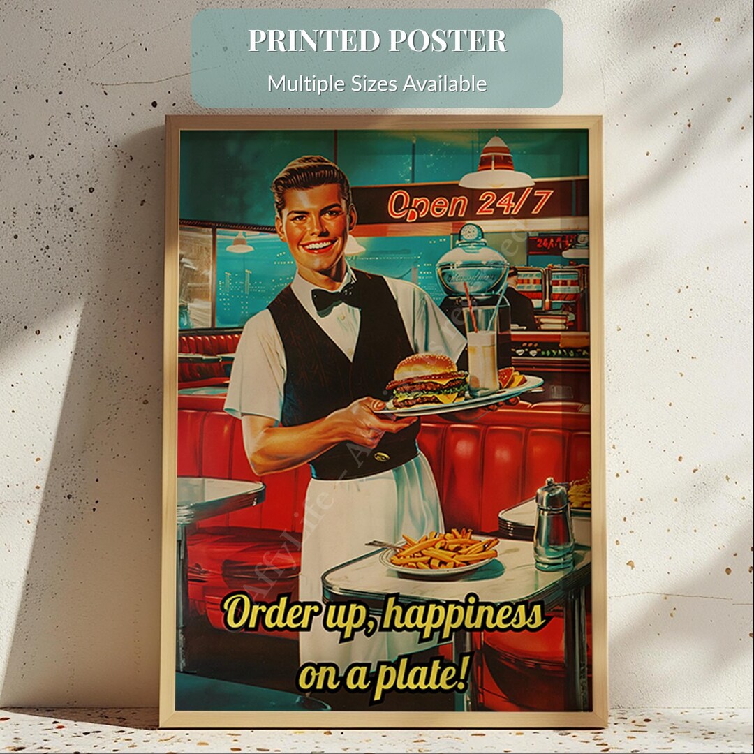 Funny Retro Diner Wall Art Print, Vintage 1950s Waiter Poster, Juicy ...