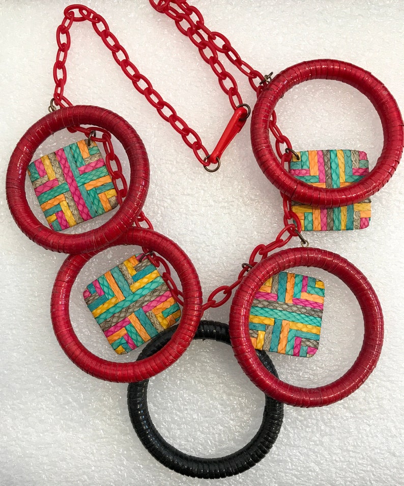 Vintage Early Plastic and Raffia Statement Chain Necklace - Etsy