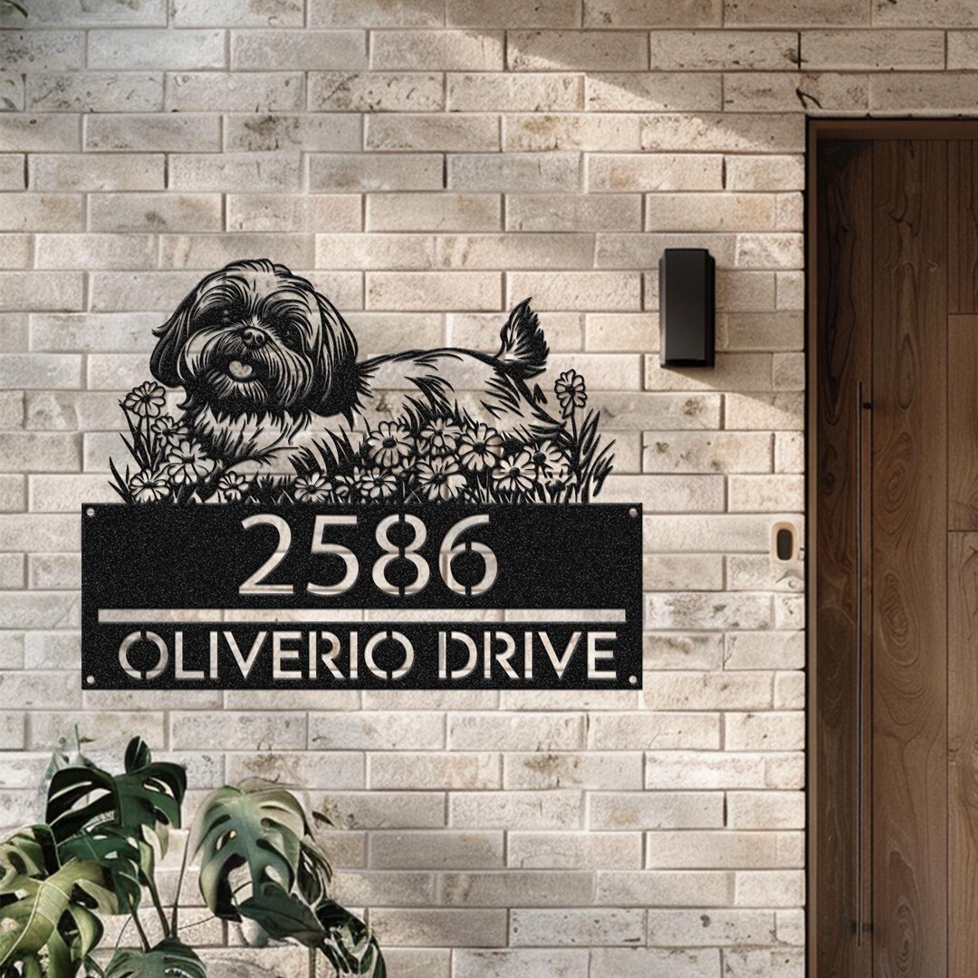 Personalized Shih Tzu Dog Lying on Flower Address Sign, Custom Metal ...