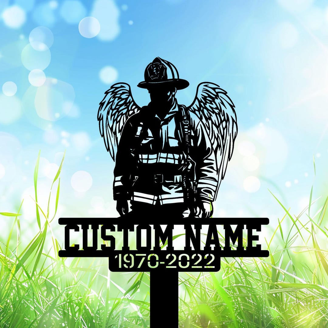 Personalized Firefighter Grave Marker, Angel Firefighter Memorial Sign ...