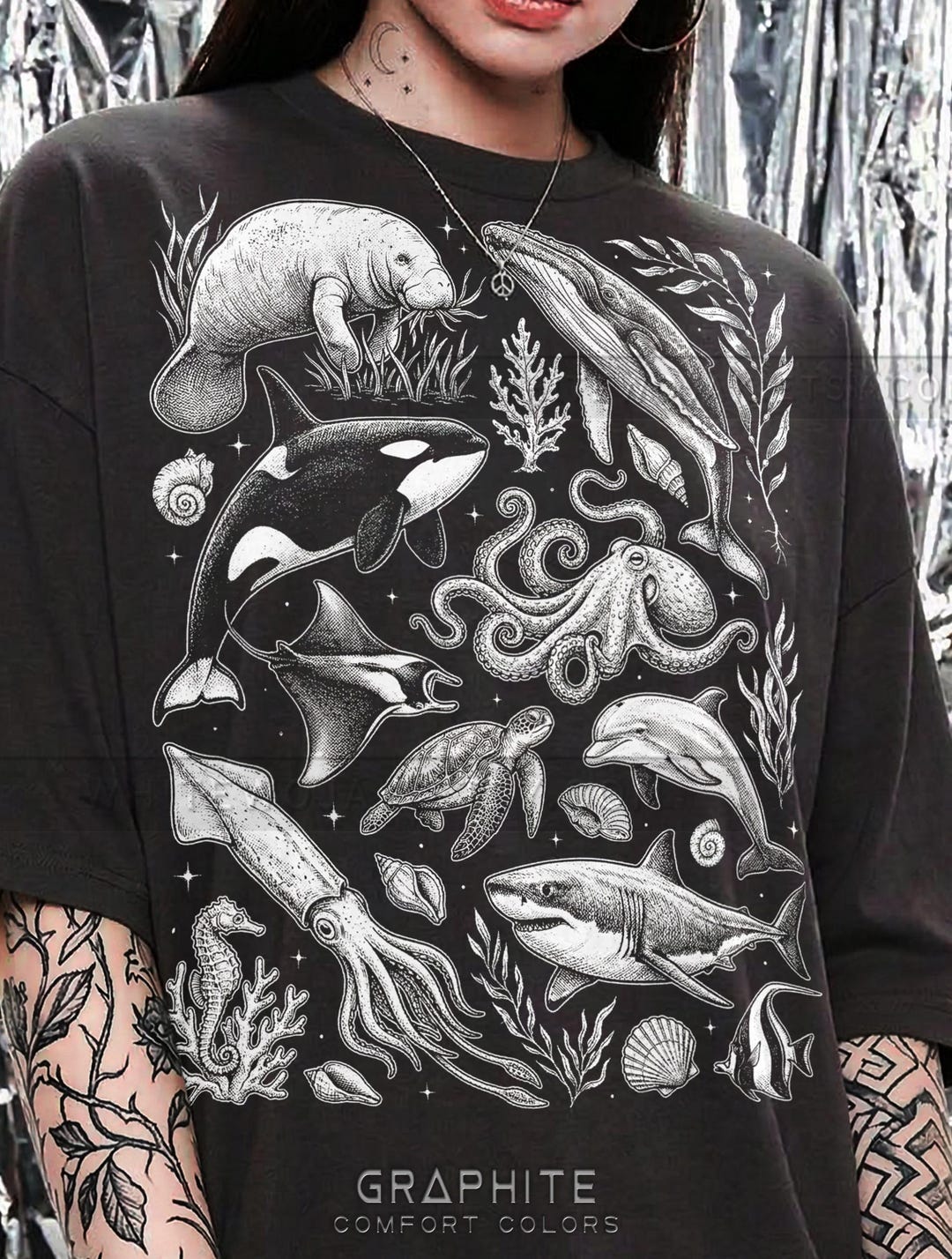 Vintage Marine Life Graphic Style Comfort Colors® Tshirt, Ocean Animal ...