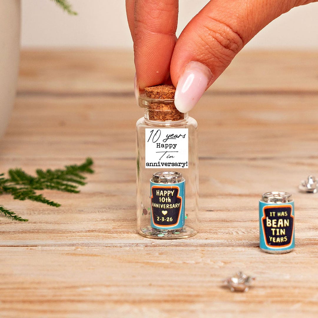 Personalized 10th Tin Anniversary Gift, Miniature Tin in a Bottle ...