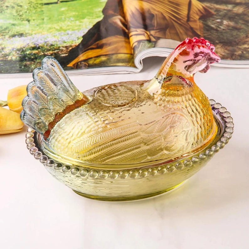 Amber & Glazed Glass Hen Dish With Lid – Vintage Chicken Candy Jar ...