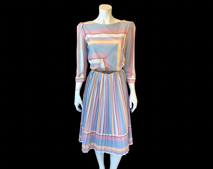 80s PASTEL Preppy Geometric Stripe Midi Dress / Vintage 1980s Graphic ...