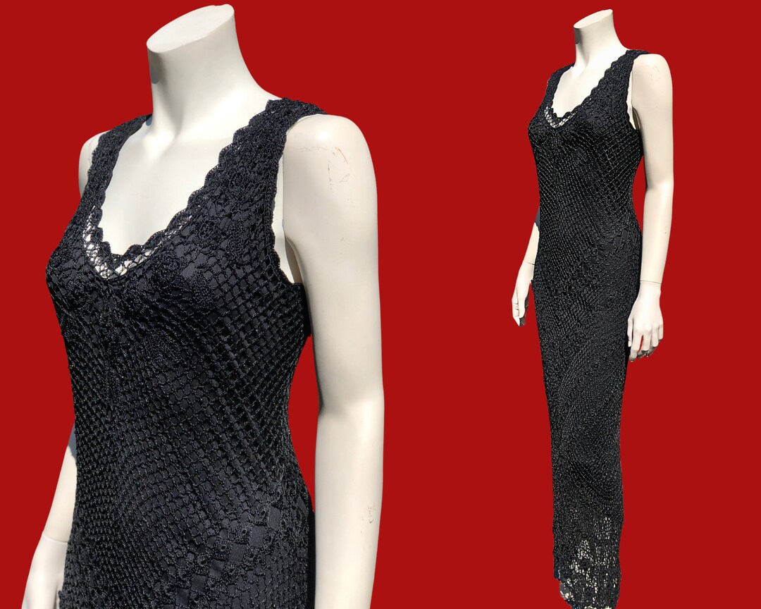 90s CROCHET Beaded Black Mermaid Fit Dress With Small Train / 90s Bias ...