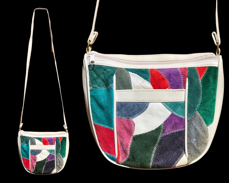 80s Patchwork Suede and White Leather Purse / Vintage 1980s Multicolour ...