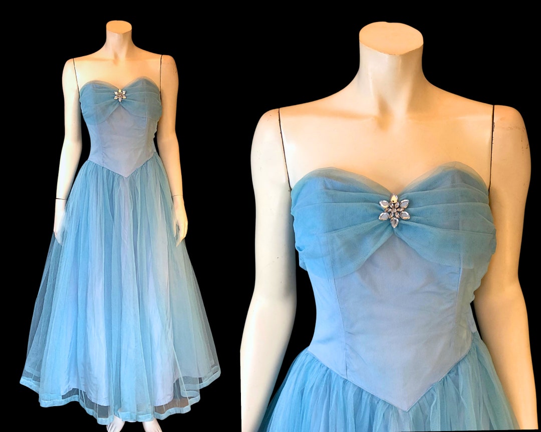 50s Powder Blue TULLE Full Skirt Strapless Formal Party Dress / Vintage ...