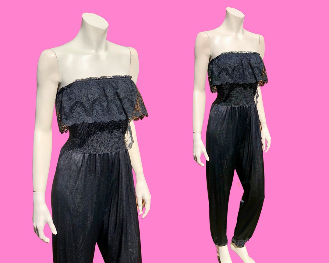 70s Silky LACE JUMPSUIT Lingere / Strapless Romper With Lace Ruffle ...