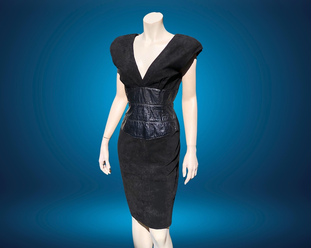 Body Con SUEDE and LEATHER Deep V Pencil Skirt Dress / CLIMAX Karen ...