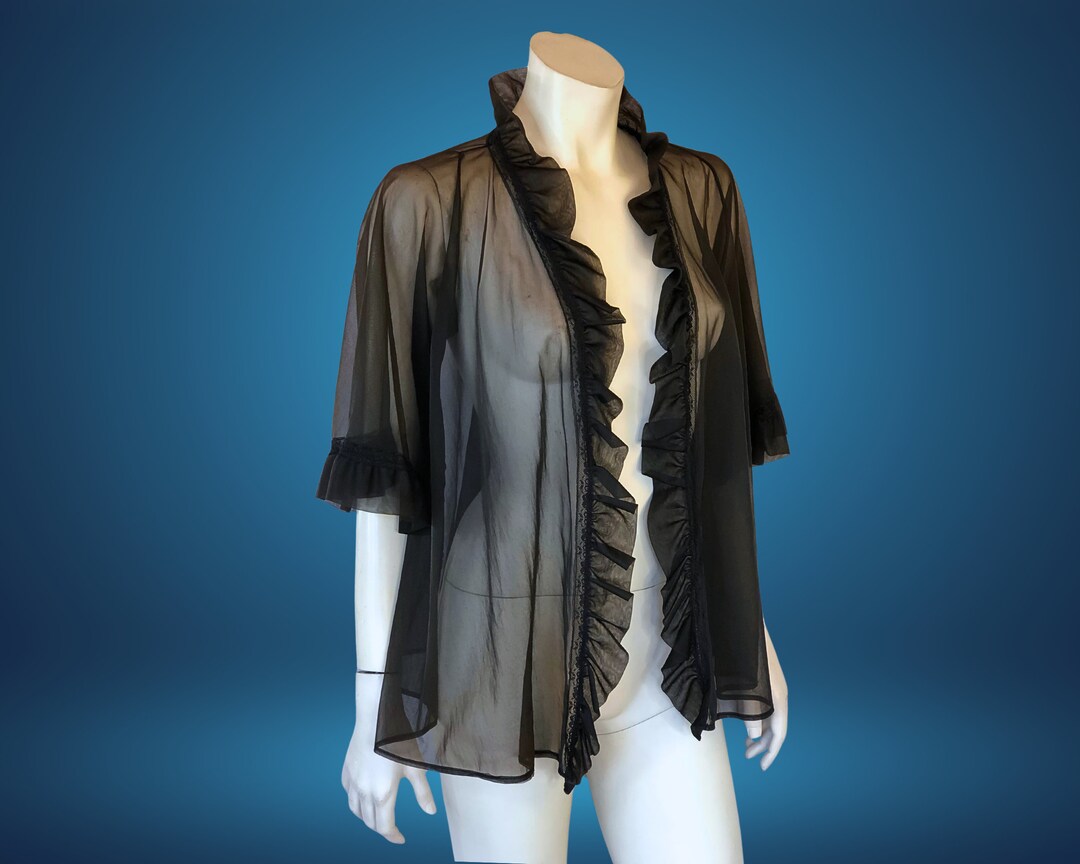 60s BLACK Chiffon Ruffled Bed Jacket / Dramatic Victorian Ruffled Lingere Cropped Robe / S M - Etsy