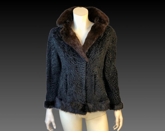 Black Persian Lamb Cropped Swing Coat With Fur Collar and Trim ...