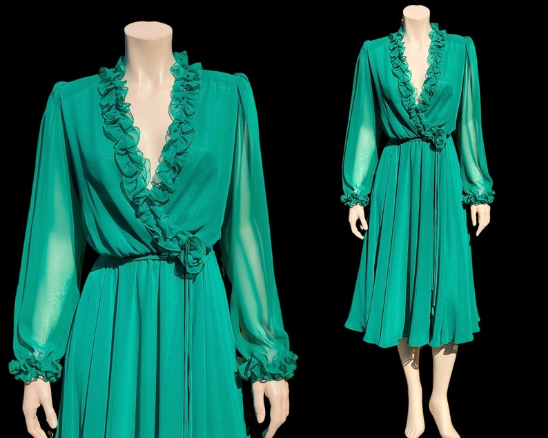 70s RUFFLED Sheer Full Sweep GREEN Victorian Style Silk Chiffon Dress ...