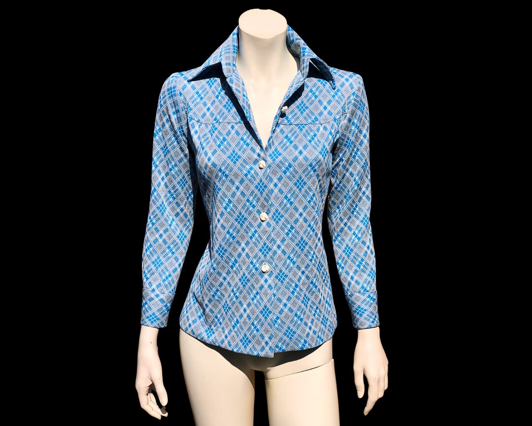 70s Tartan DAGGER COLLAR Shirt Jacket / Vintage 1970s Plaid Stretch ...