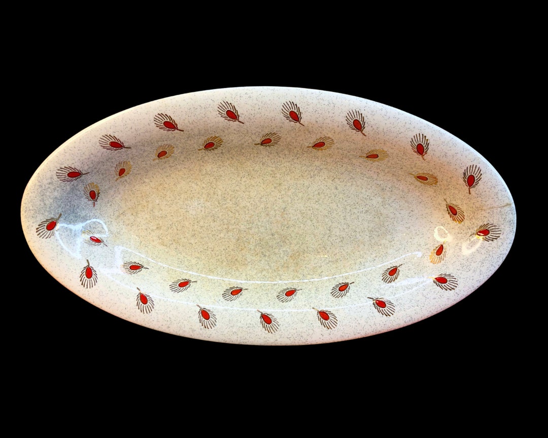 Gold and Red PEACOCK FEATHER Serving Dish / Vintage 50s 60s MCM Pottery ...
