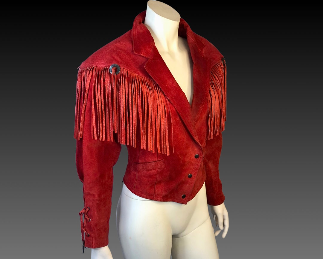 80s FRINGE ROCKSTAR Red Leather CORSET Motorcycle Jacket / Dramatic ...