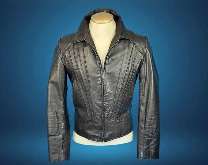 Mens Black Leather ROCKER Motorcycle Jacket / 70s 80s Cropped Biker ...