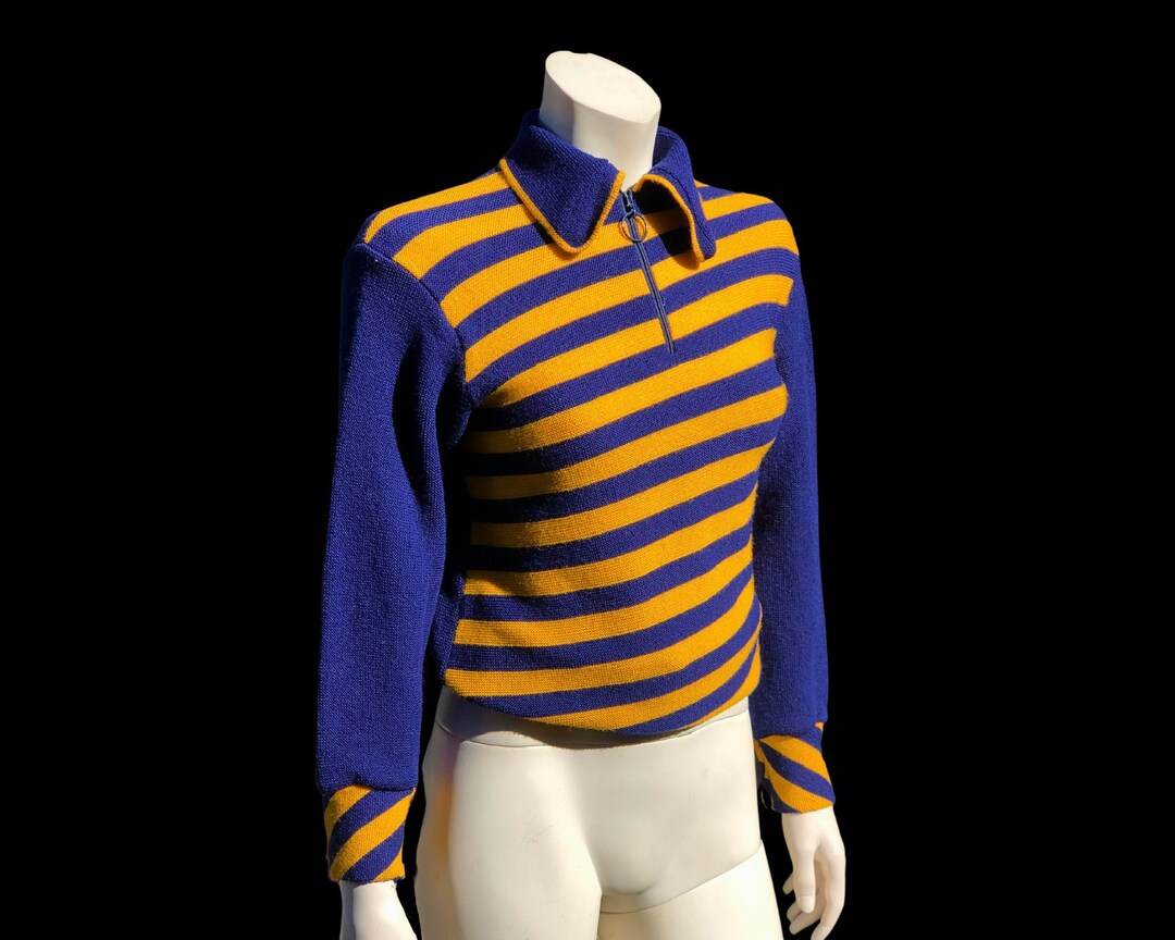 60s MOD STRIPE Ring Zip Sweater in Navy and Gold / Gender Neutral 1960s ...