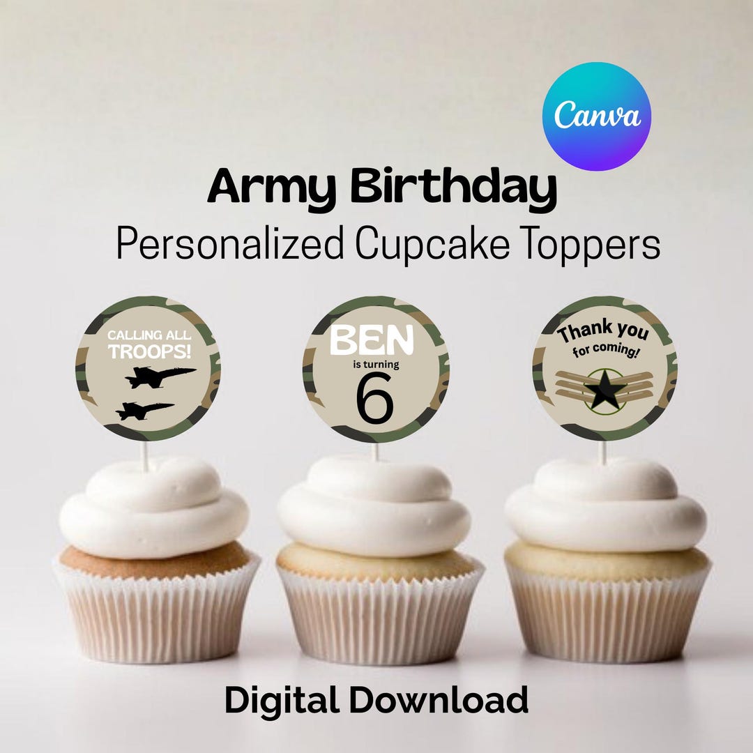 Army Birthday Cupcake Toppers | Military Camouflage Decor (digital ...