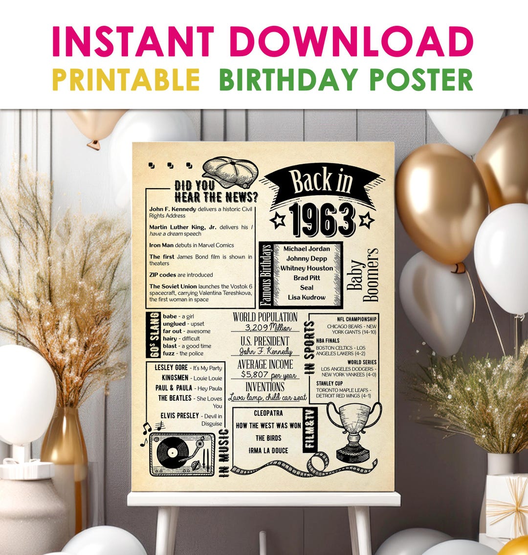 Back in 1963 Newspaper Birthday Poster - 63rd Bday Party Decoration ...