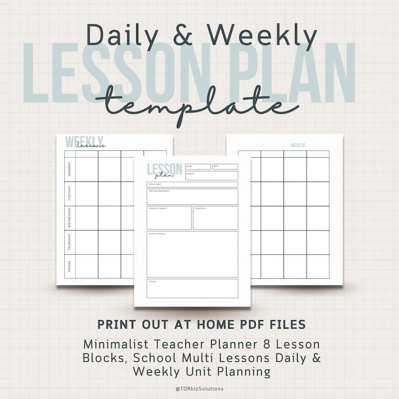 Printable Weekly Lesson Planner Template, Minimalist Teacher Planner 8 ...