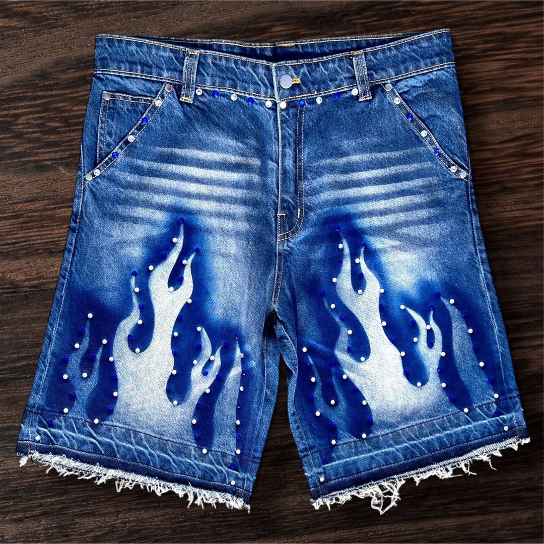 Custom Flame Denim Shorts - Men's Distressed Blue Jean Shorts With ...
