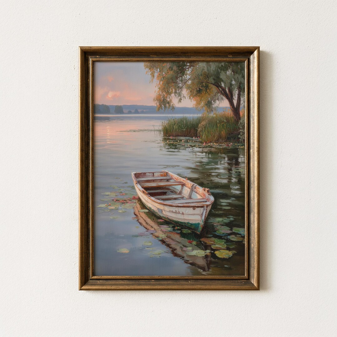 Impressão artística do pôr do sol no lago Rowboat, pintura a óleo ...