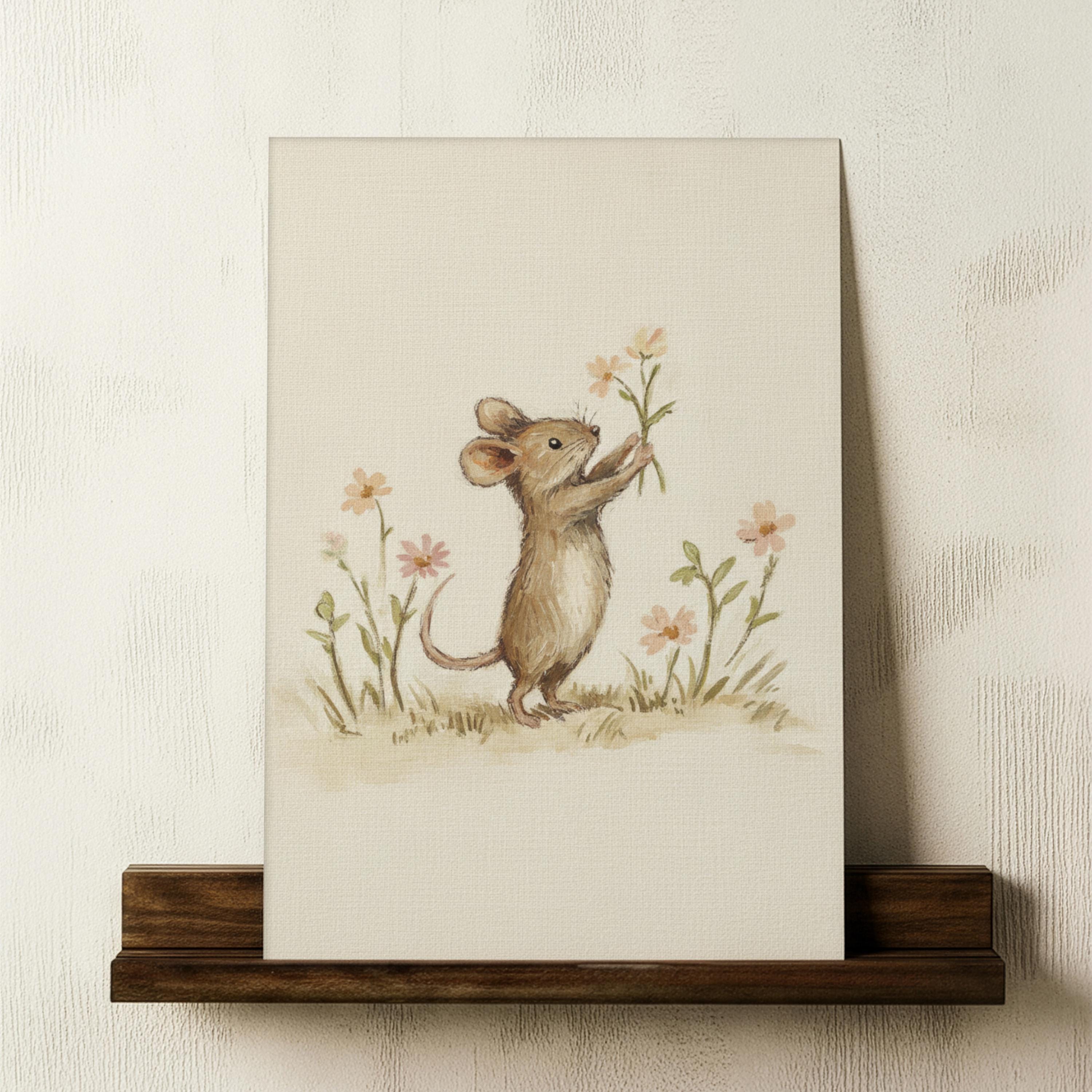 Whimsical Nursery Mouse Wall Art, Brown Field Mouse With Flowers ...