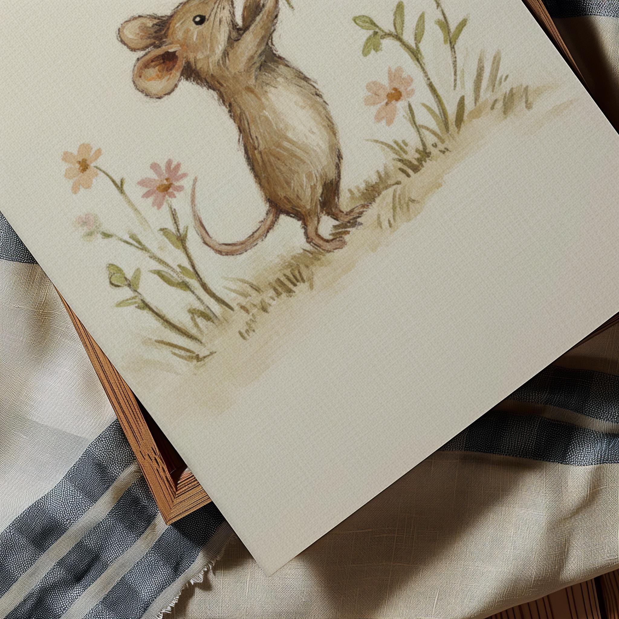 Whimsical Nursery Mouse Wall Art, Brown Field Mouse With Flowers ...