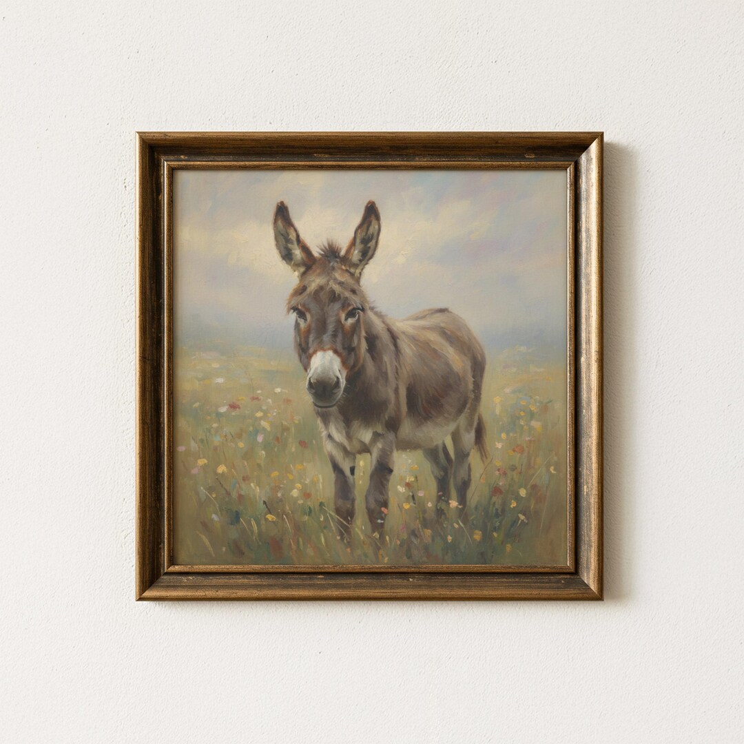 Estampa fofa de burro, animal de fazenda vintage, pintura a óleo de ...