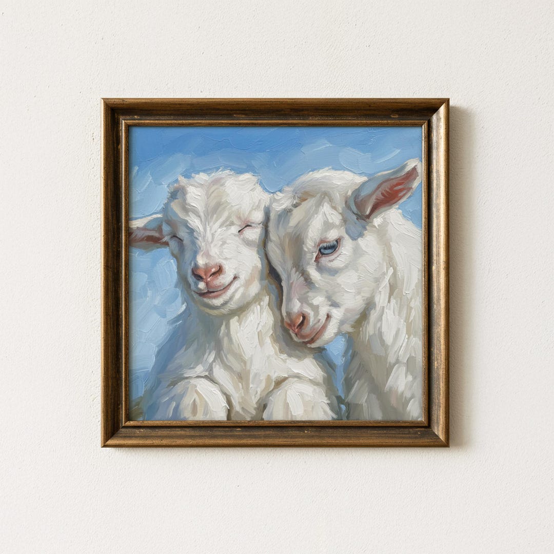 Baby Goats Oil Painting, Twin Goat Kids Nursery Wall Art, Cute ...