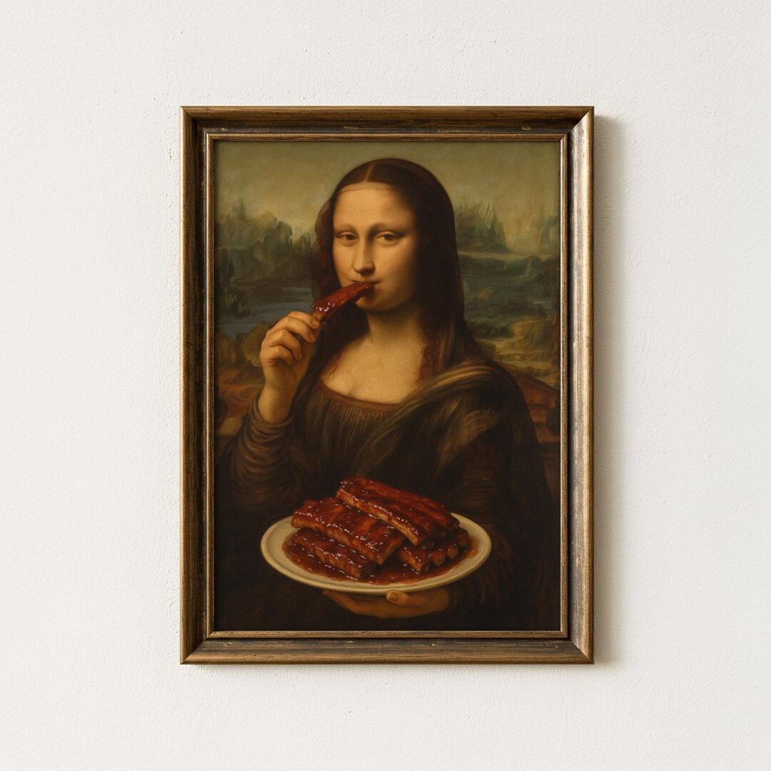 Mona Lisa Eating BBQ Ribs Funny Print, Da Vinci Renaissance Parody Wall ...