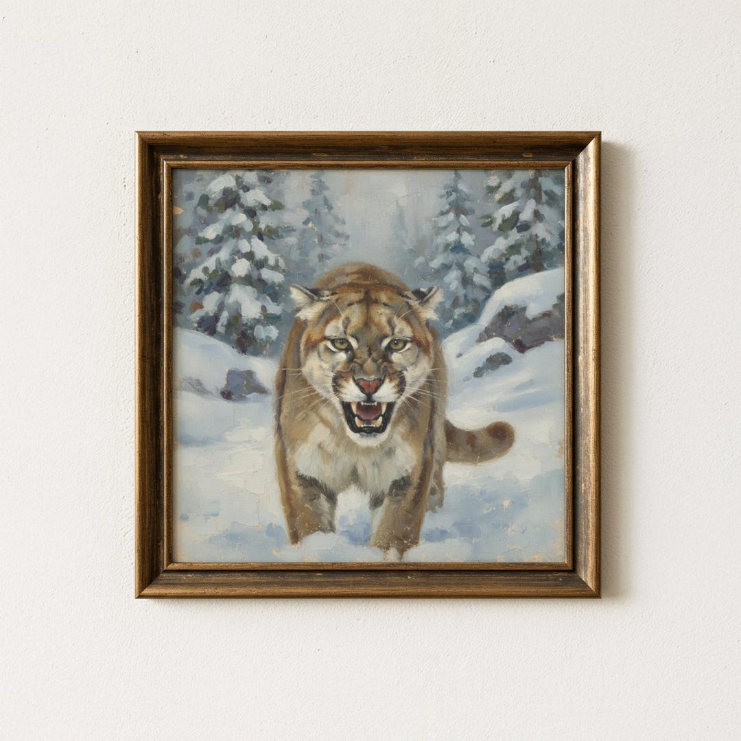 Impressão de Puma na Neve, Pintura de Leão da Montanha Rugindo ...