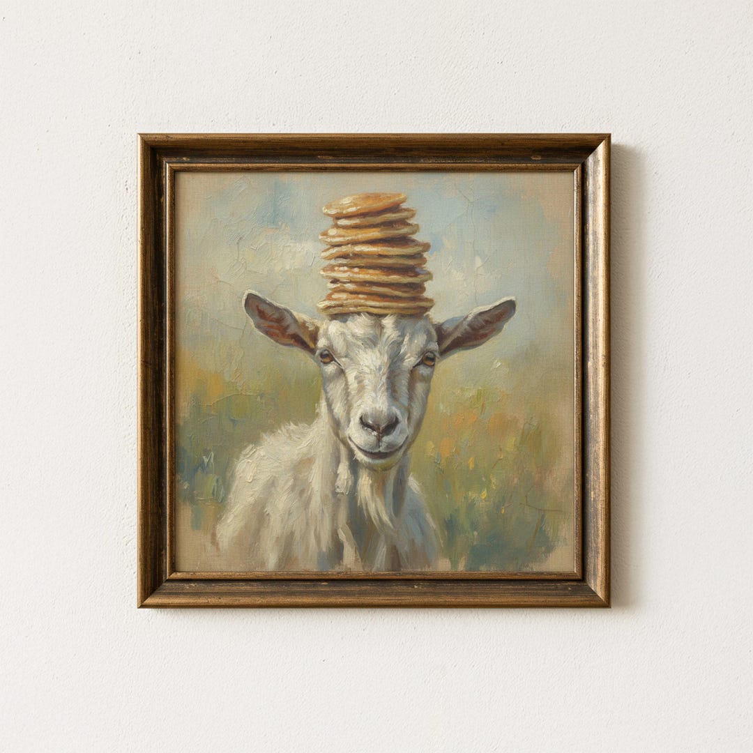 Goat With Pancakes on Head Art Print, Funny Whimsical Animal Portrait ...