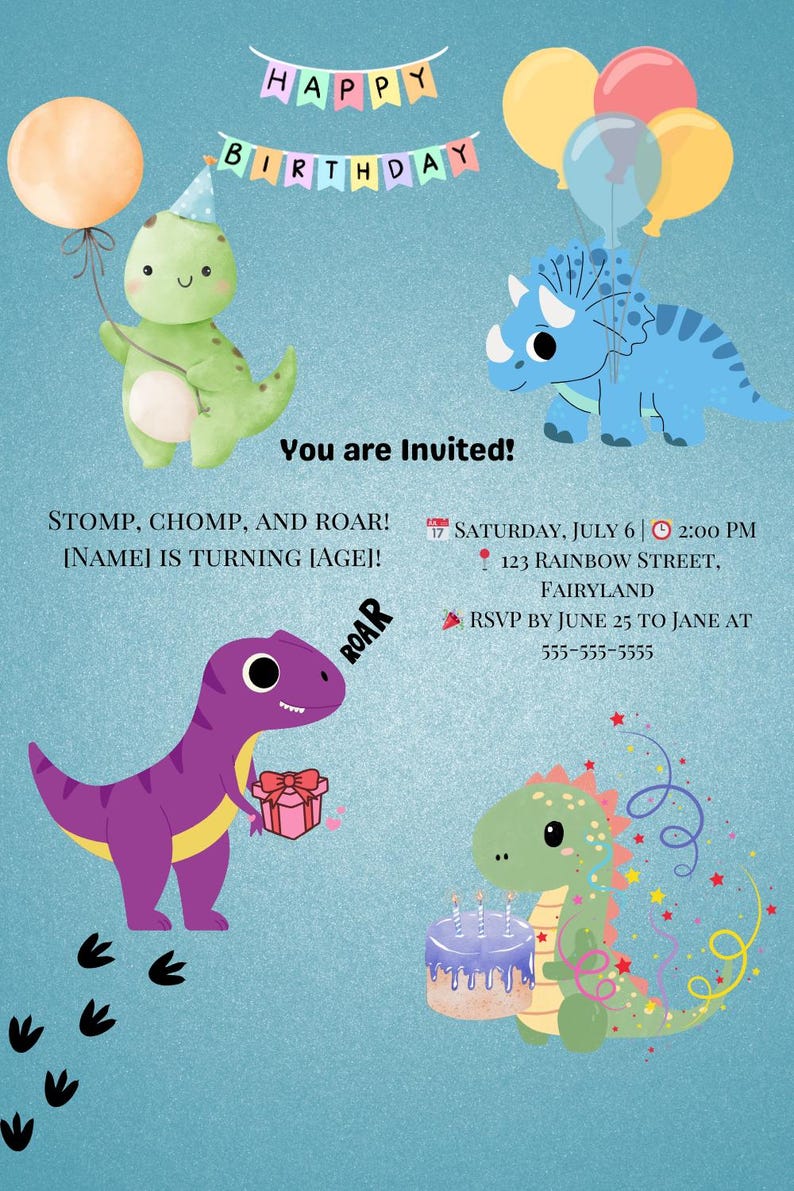 Editable Dinosaur BIRTHDAY INVITATION (canva Template) - Etsy