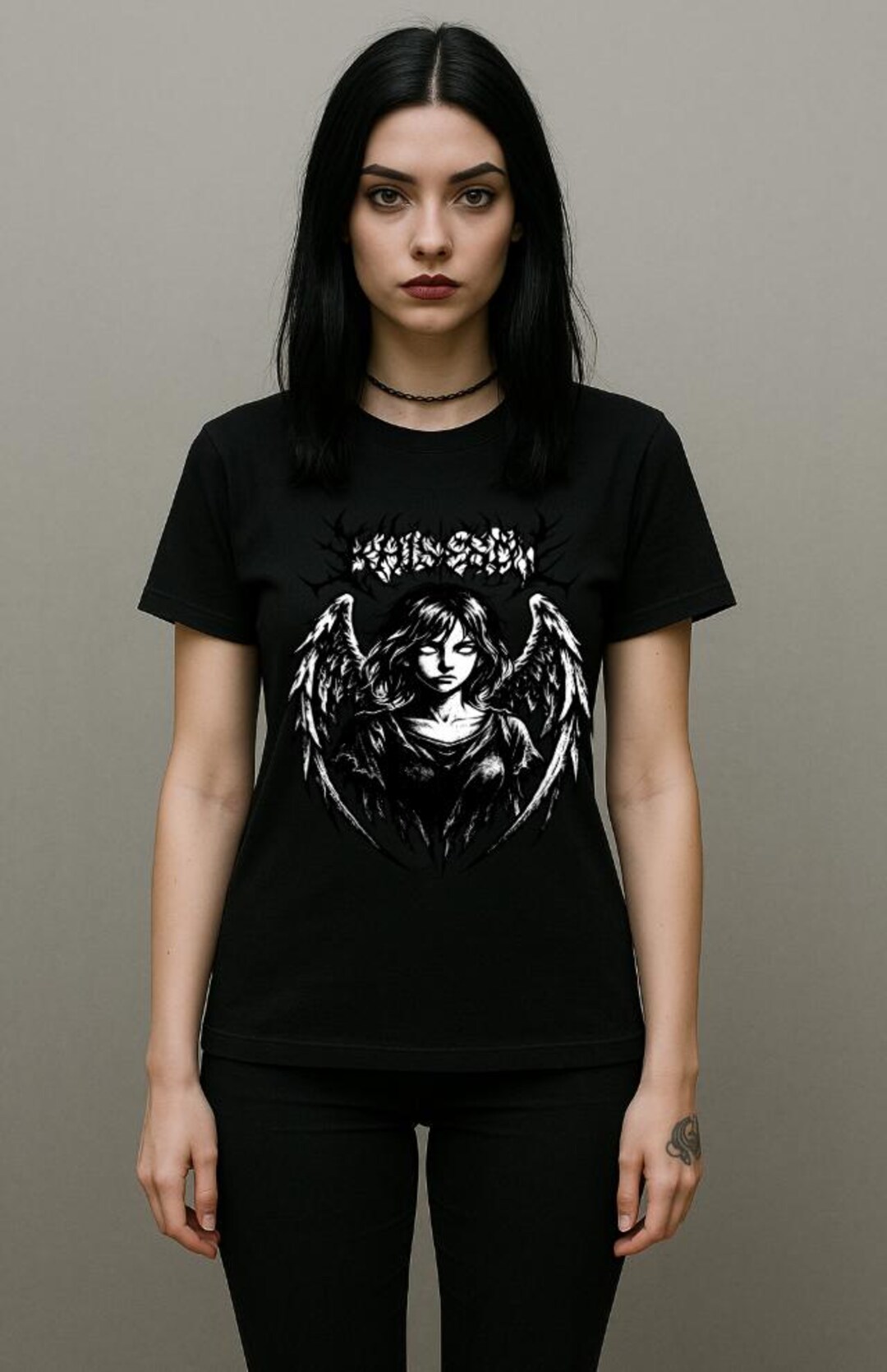 Gothic T-shirt With Dark Angel and Black Wings, Unisex Metalcore Shirt ...
