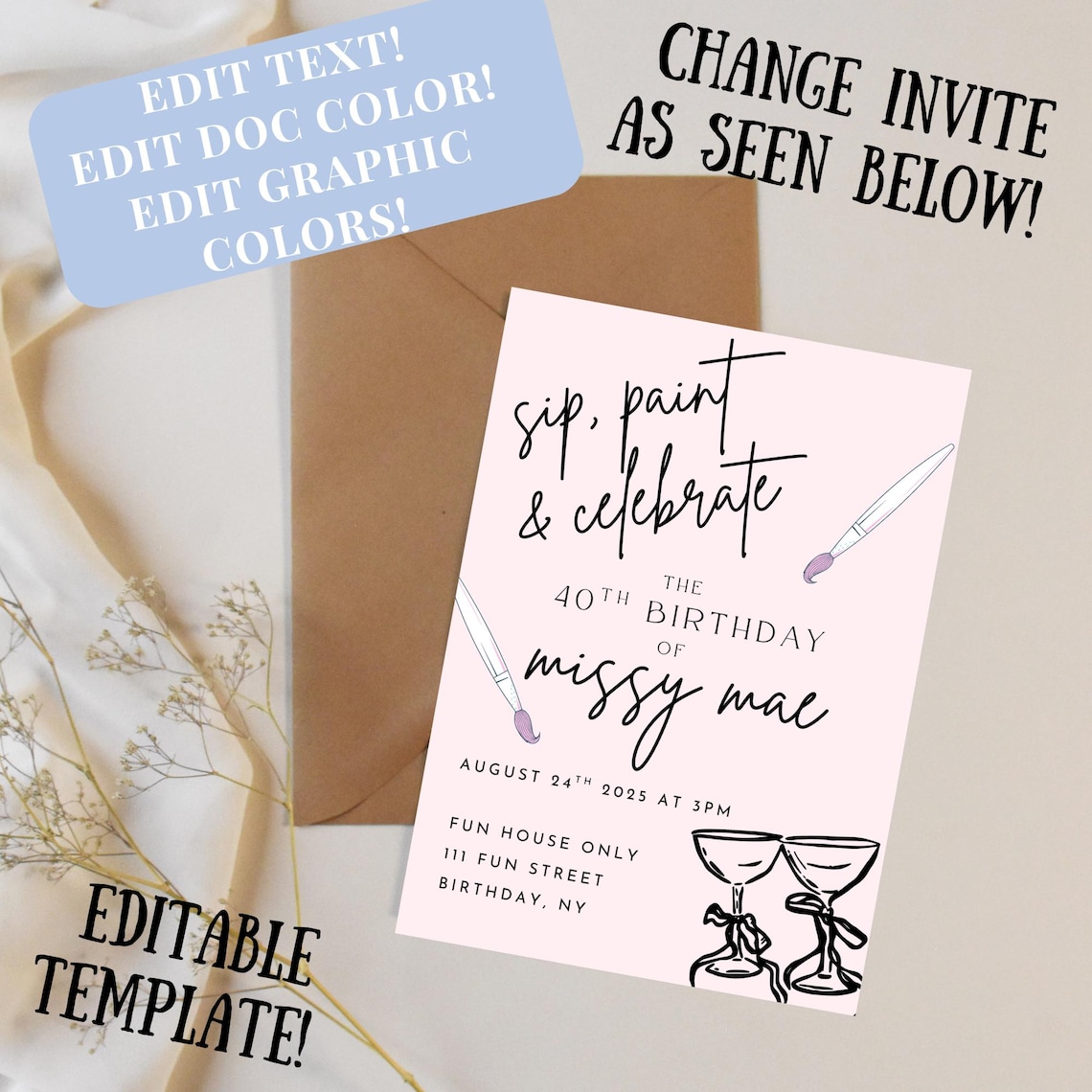 Sip and Paint Birthday Invitation Template: Editable Canva Invite ...