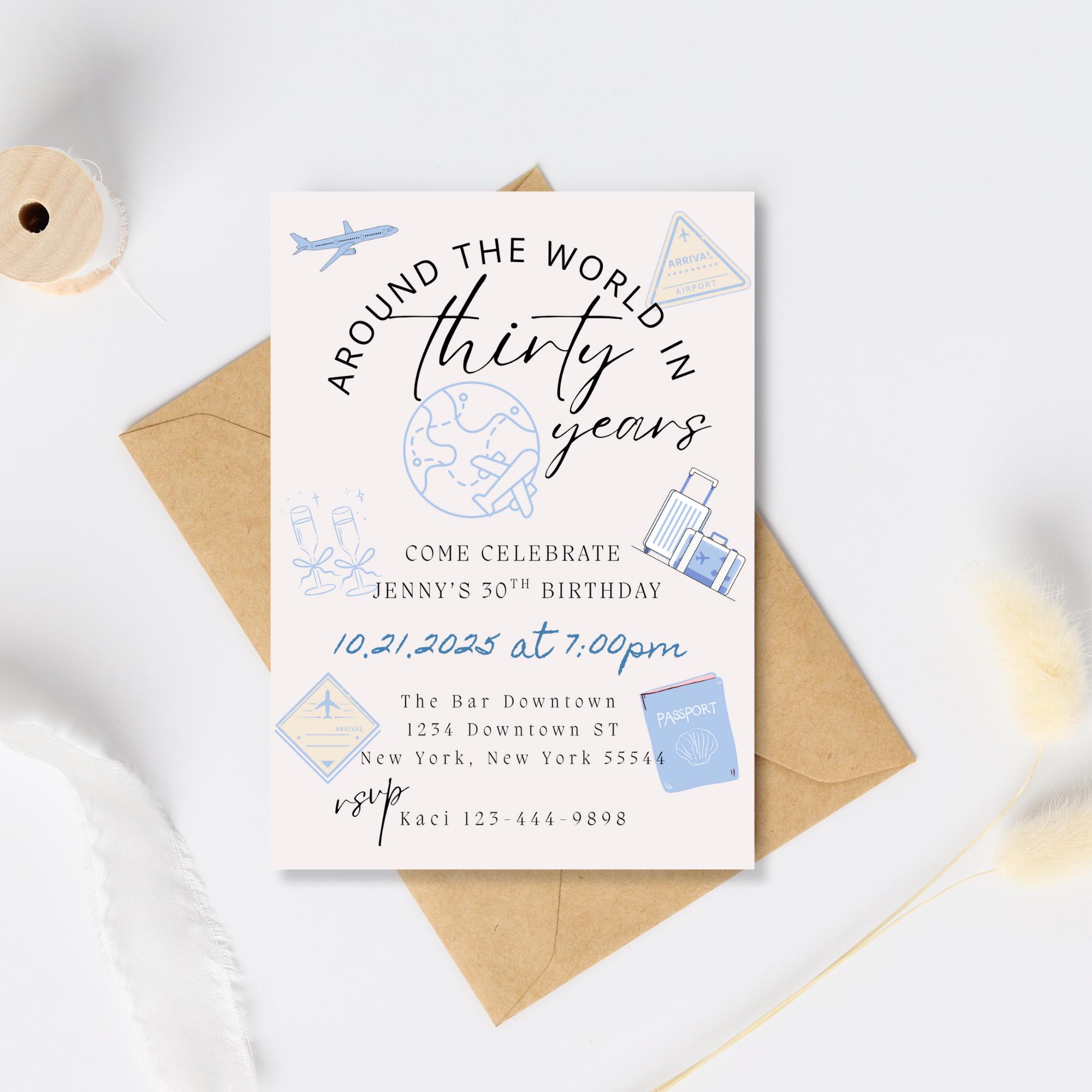 Editable Template “around the World in 30 Years” Birthday Invitation ...