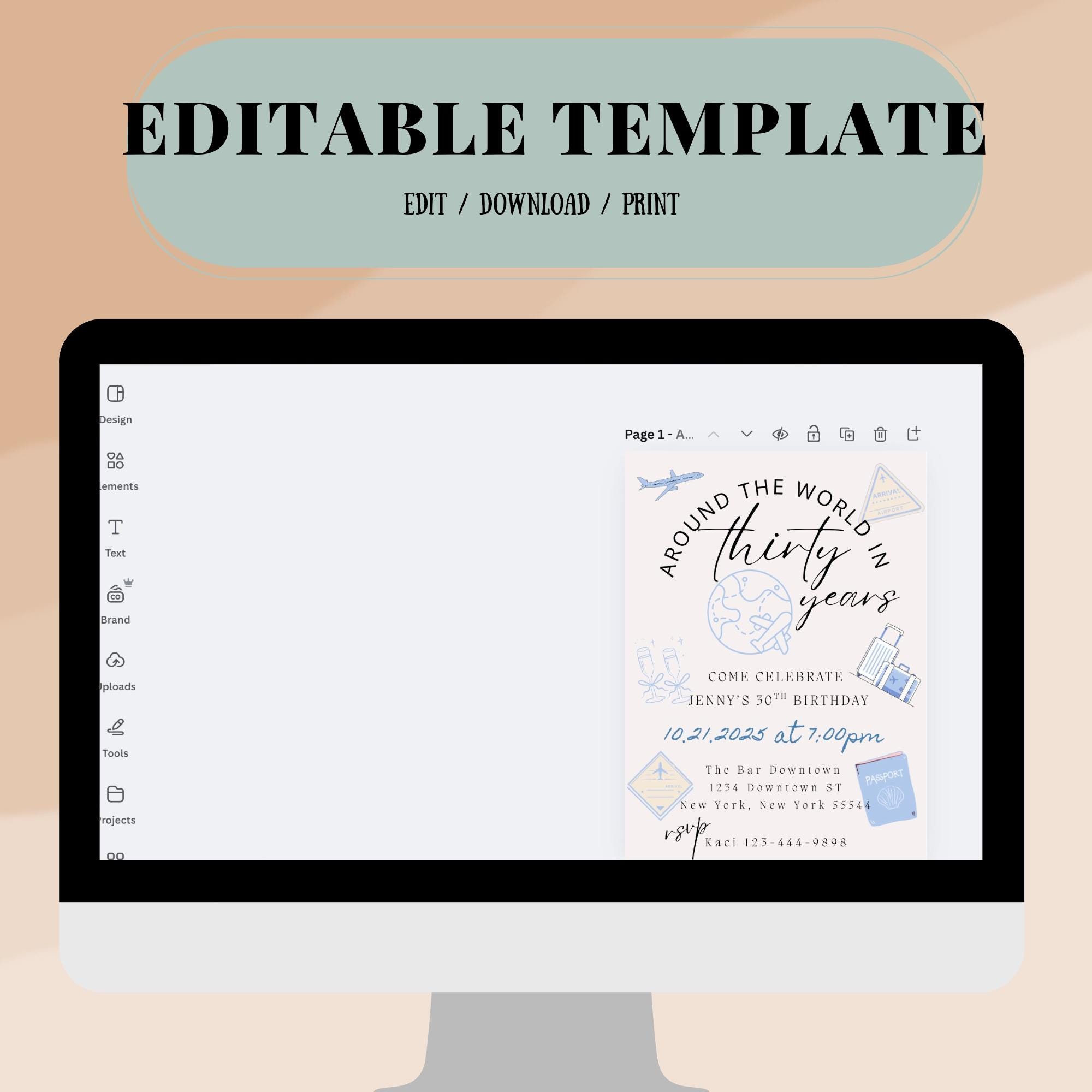 Editable Template “around the World in 30 Years” Birthday Invitation ...