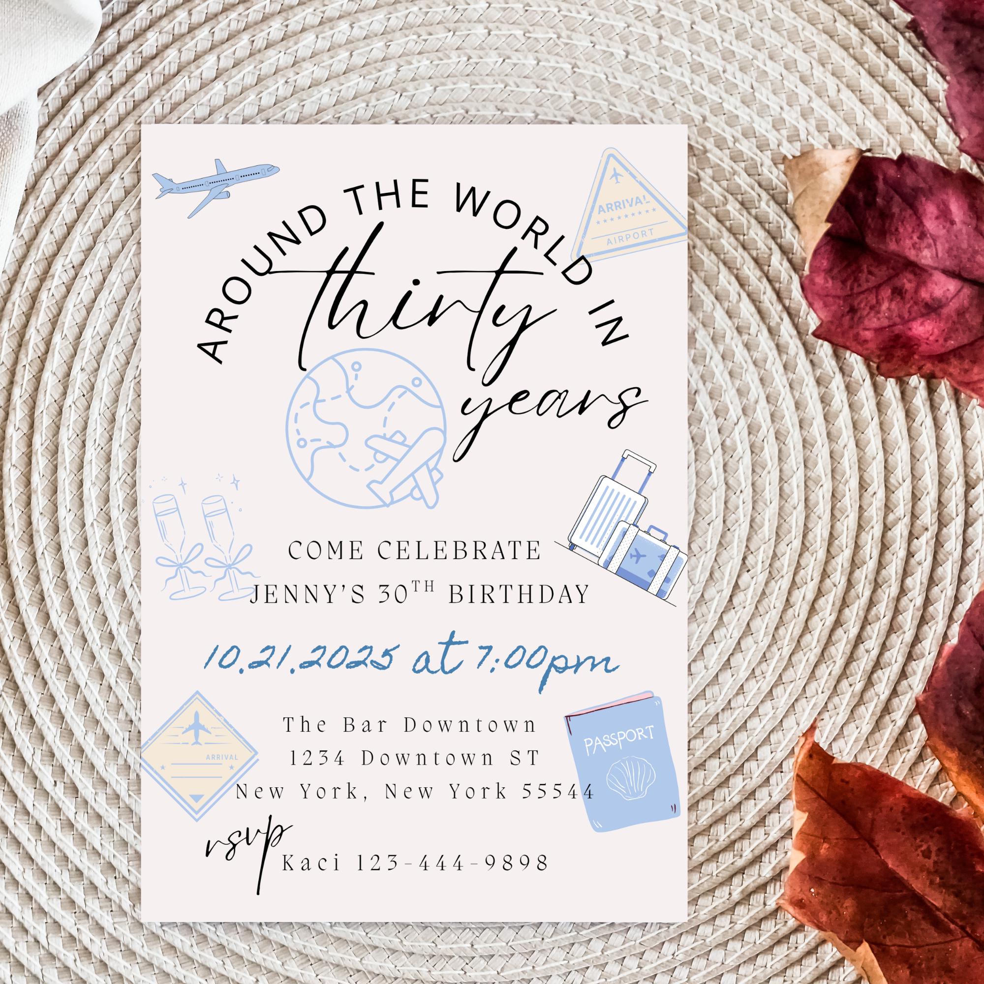 Editable Template “around the World in 30 Years” Birthday Invitation ...