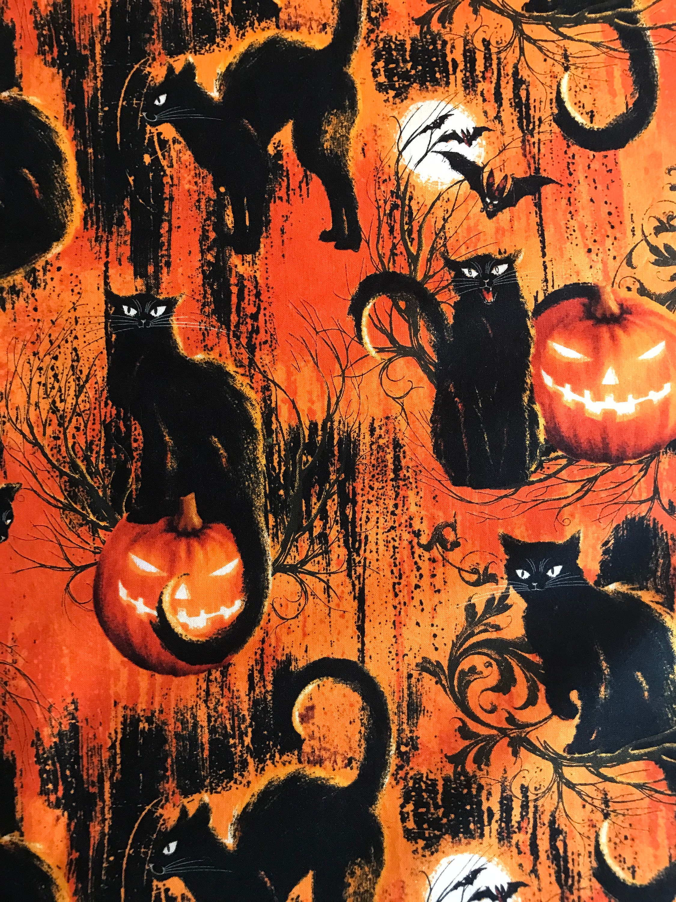 Spooky Black Cats Pumpkins Moon & Bats Handmade Curtain Window Valance ...