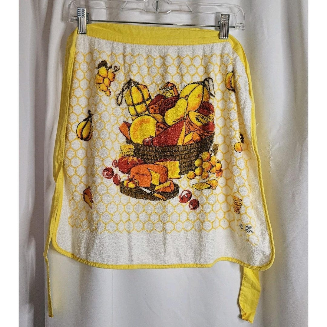 Vintage 1974 Half Apron Terry Cloth Fruit & Cheese Basket Ties Cottage ...