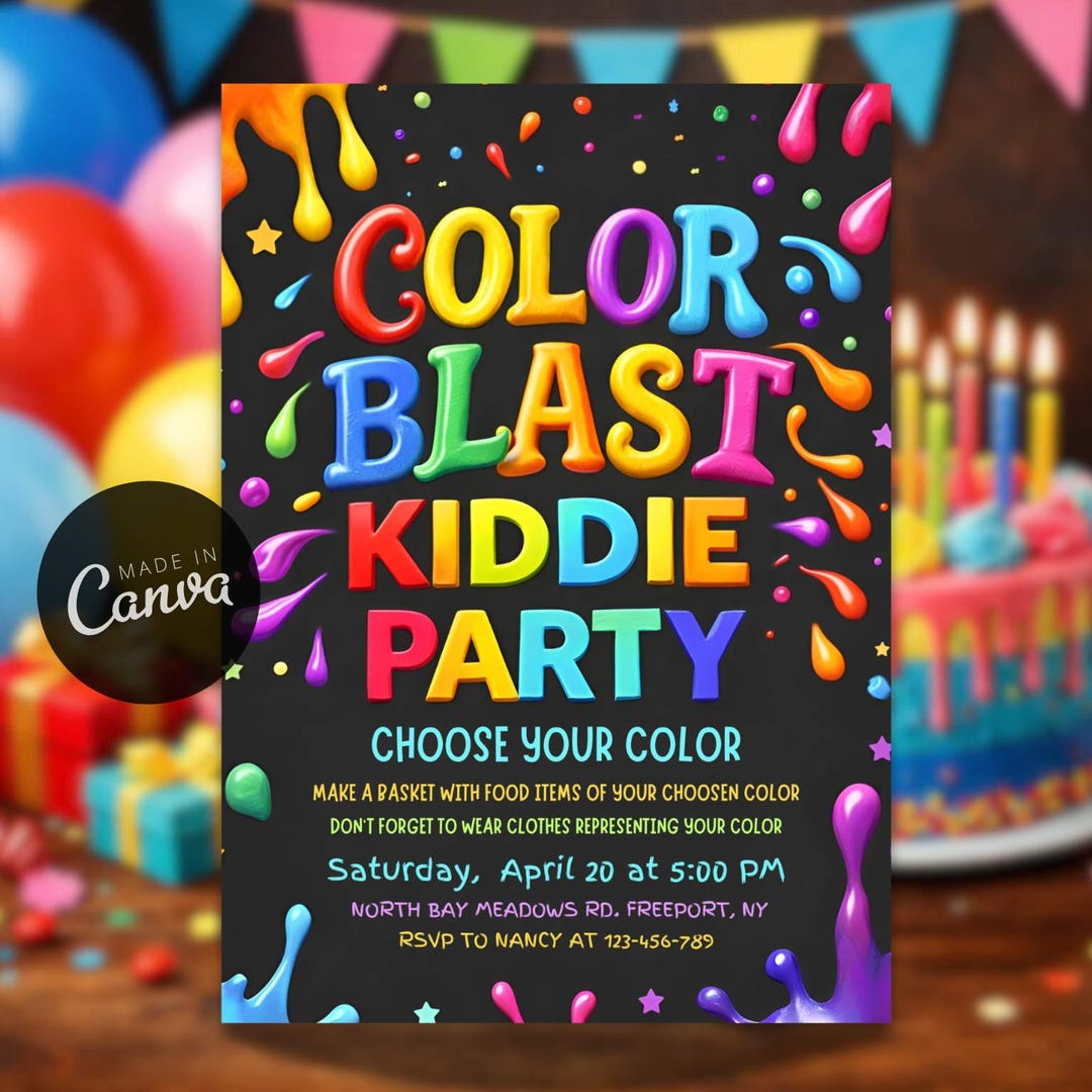 Editable Color Blast Party Invitation, Colorful Kiddie Party Theme ...