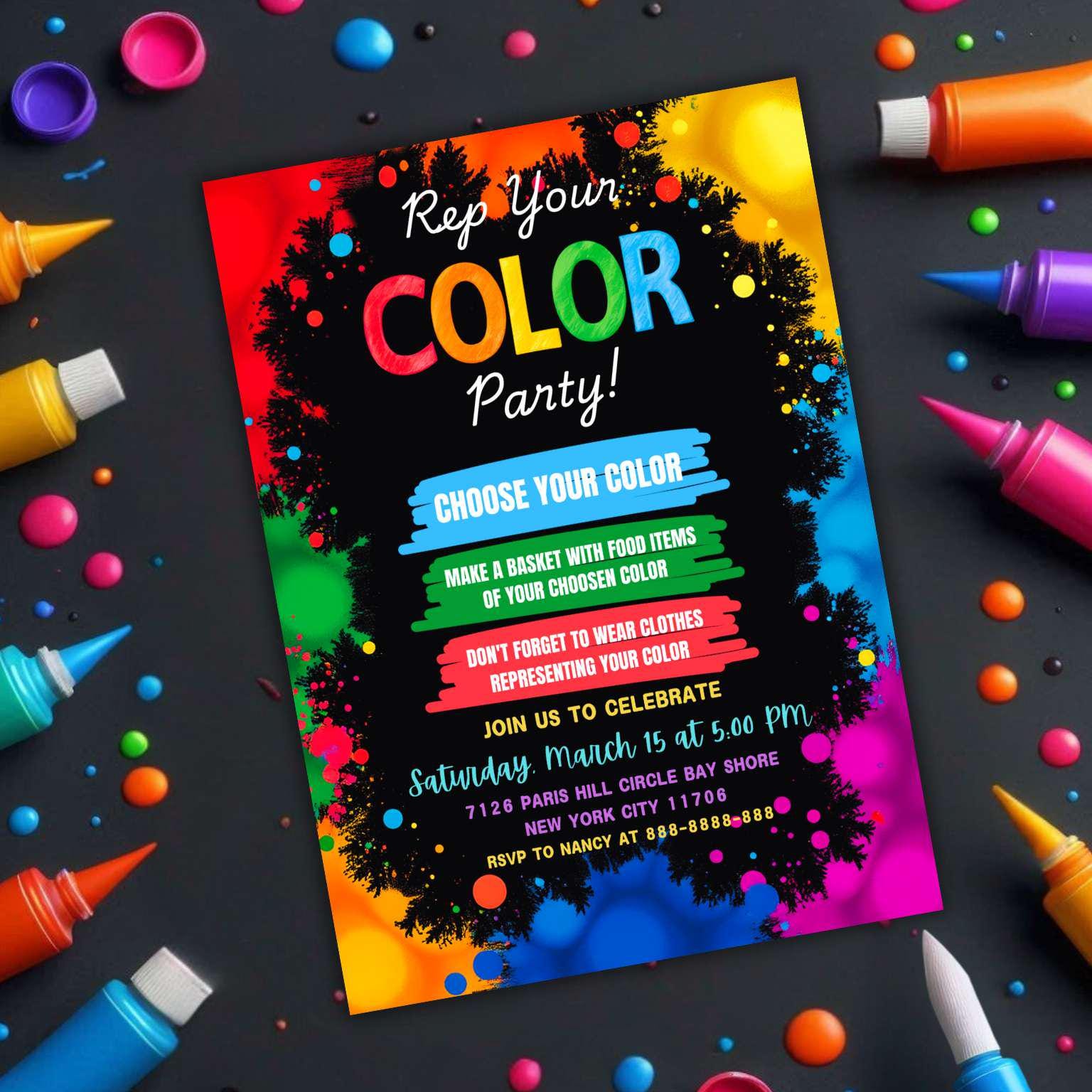Editable Colour Birthday Invitation, Rainbow Theme Digital Invite ...