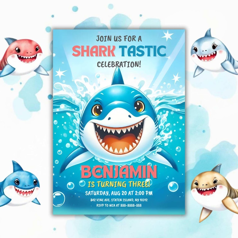 Editable Shark Birthday Invitation, Ocean Sharks Theme Party Template ...