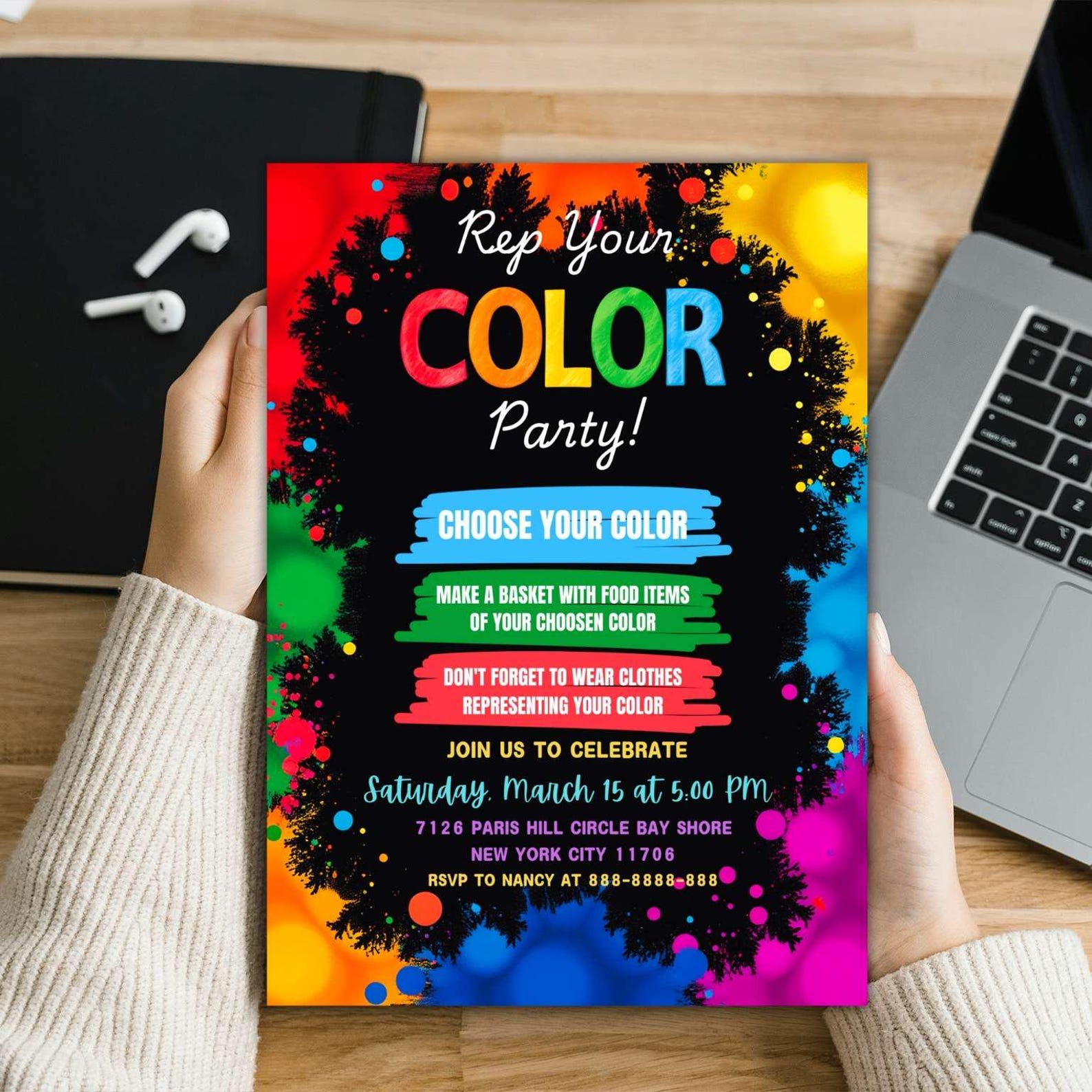 Editable Colour Birthday Invitation, Rainbow Theme Digital Invite ...