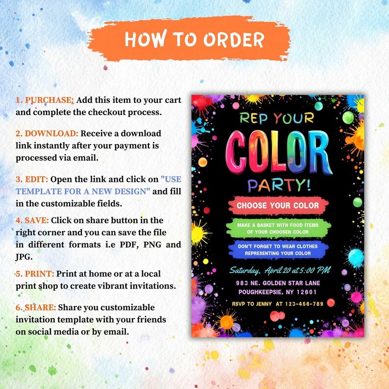 Editable Color Splash Birthday Party Invitation, Colorful Paint Kids ...