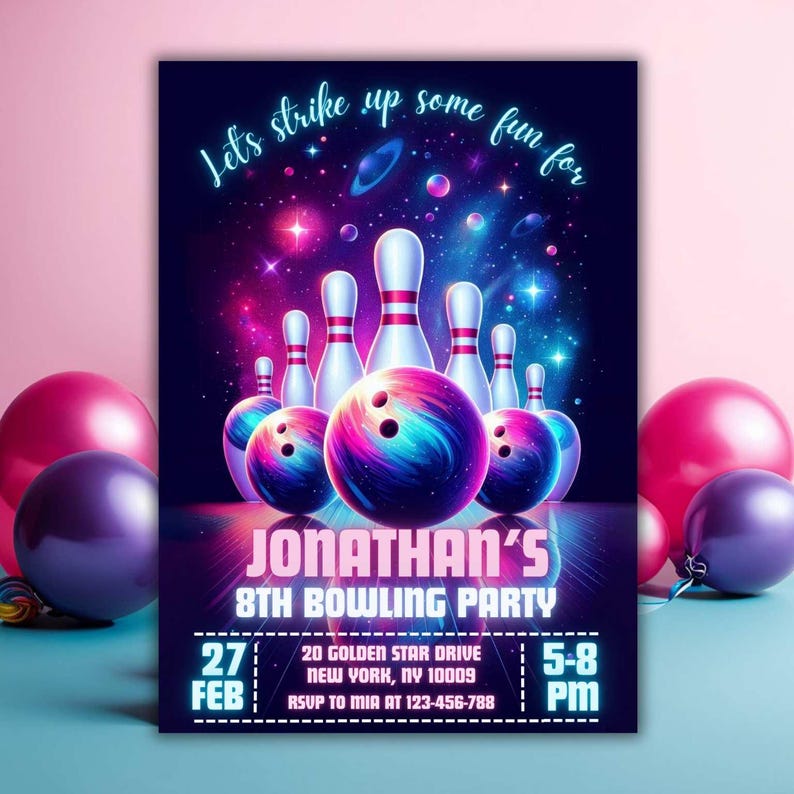 Neon Bowling Birthday Invitation, Teens Party Template (digital Evite ...